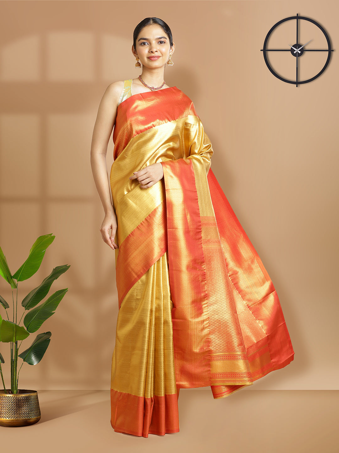 Golden Color Tissue Saree With Self Horizontal Design Over Body And Re