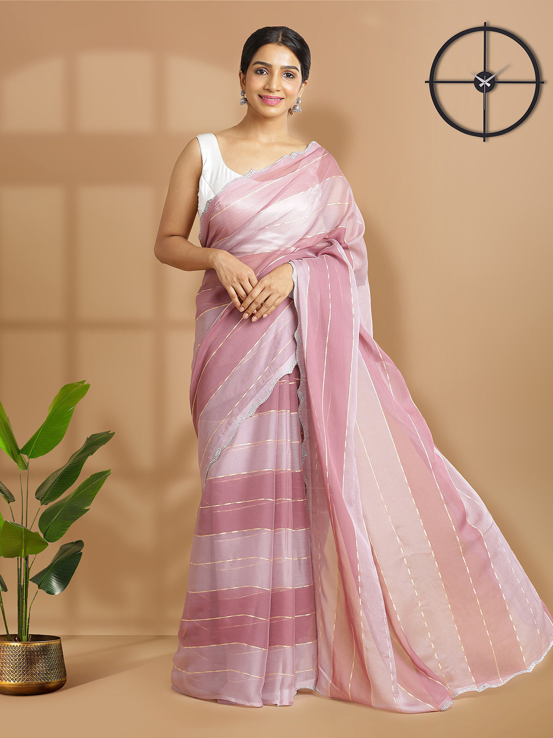 Dark & Light Onion Pink Georgette Saree With Horizontal Stripe Design