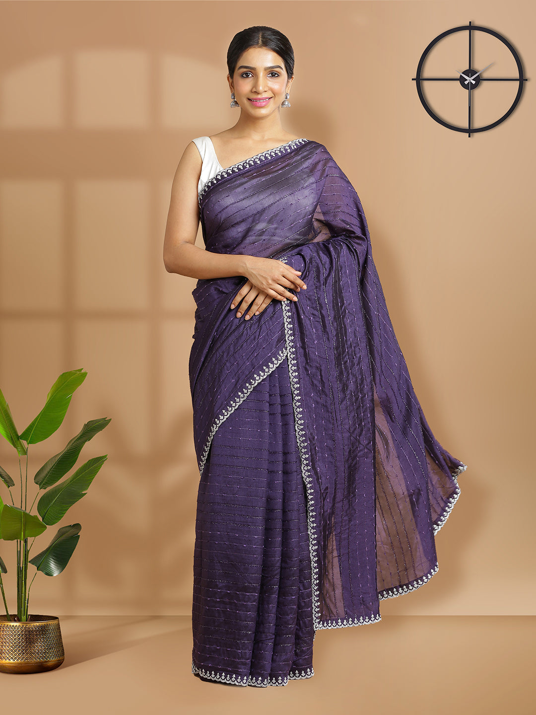 Violet Color Vijithra Silk Saree With Horizontal Thread Stripes Over B