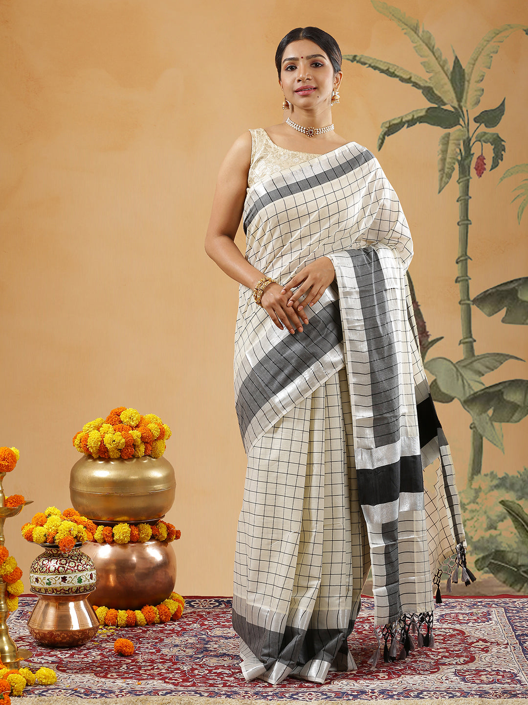 Off White Color Cotton Set Saree With Black Lined Check Design And Bla