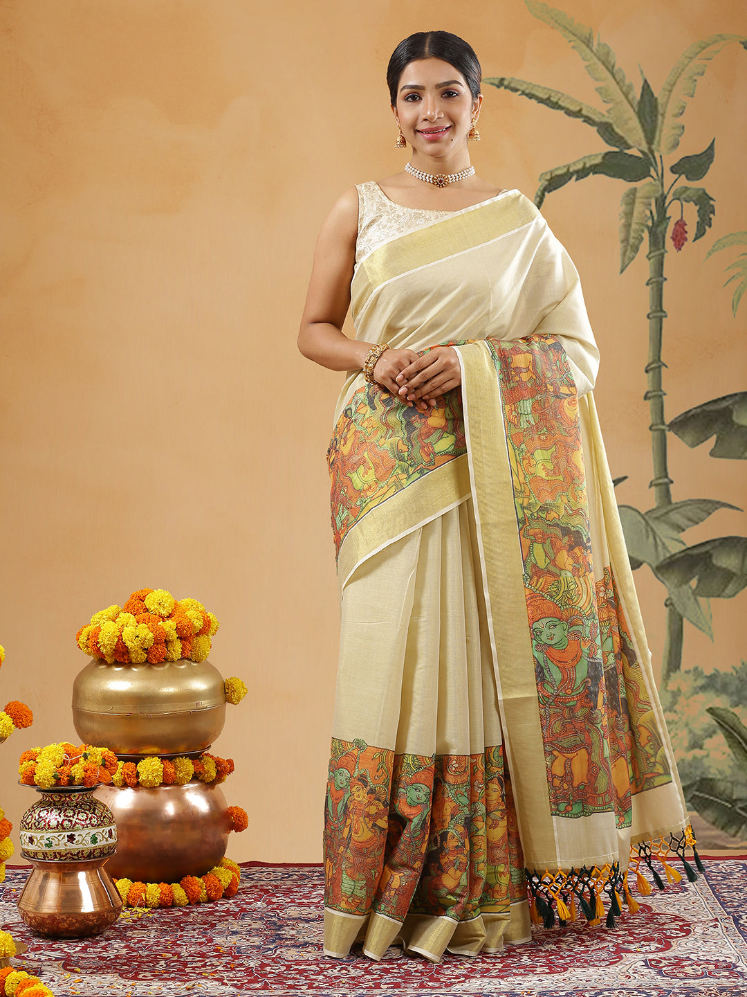Golden Tissue Set Saree With Half Kerala Traditional Mural Print Of Sr