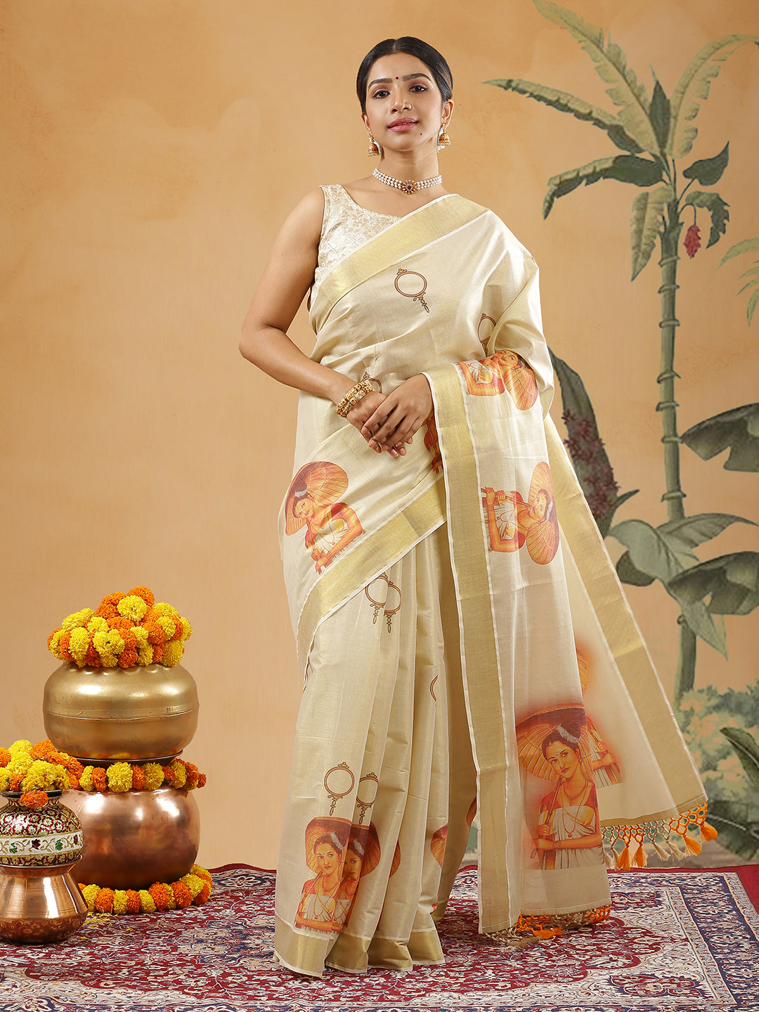 Golden Tissue Set Saree With kerala Traditional Women Print On Pallu