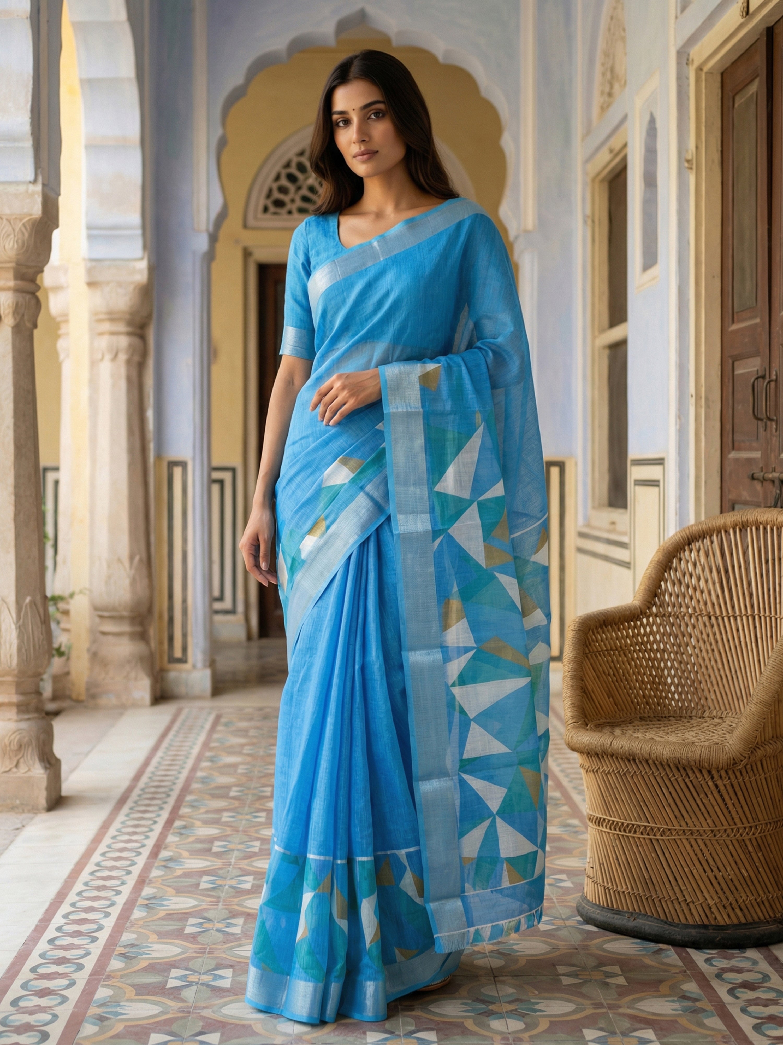 Light Blue Semi Linen Saree
