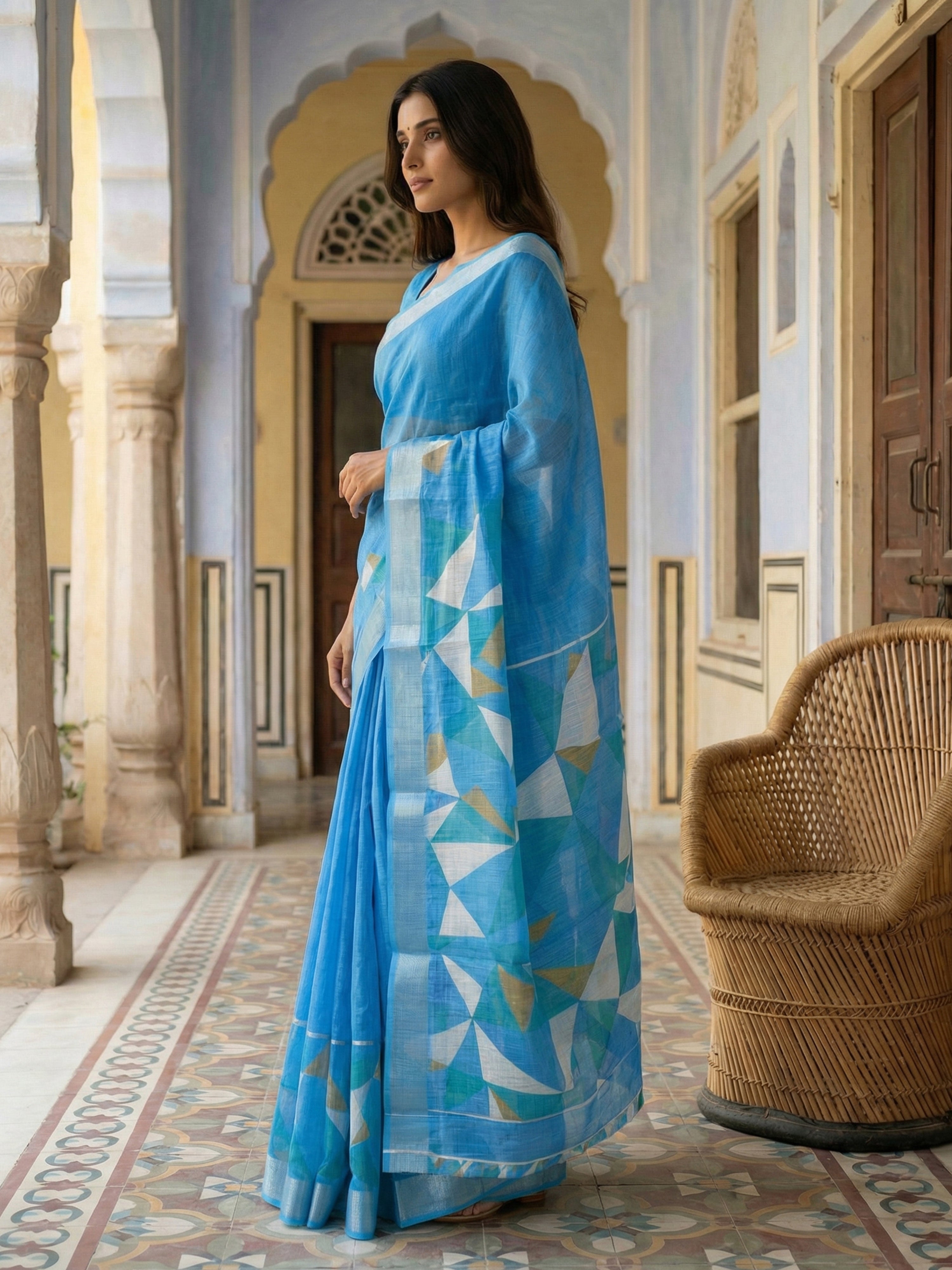 Light Blue Semi Linen Saree