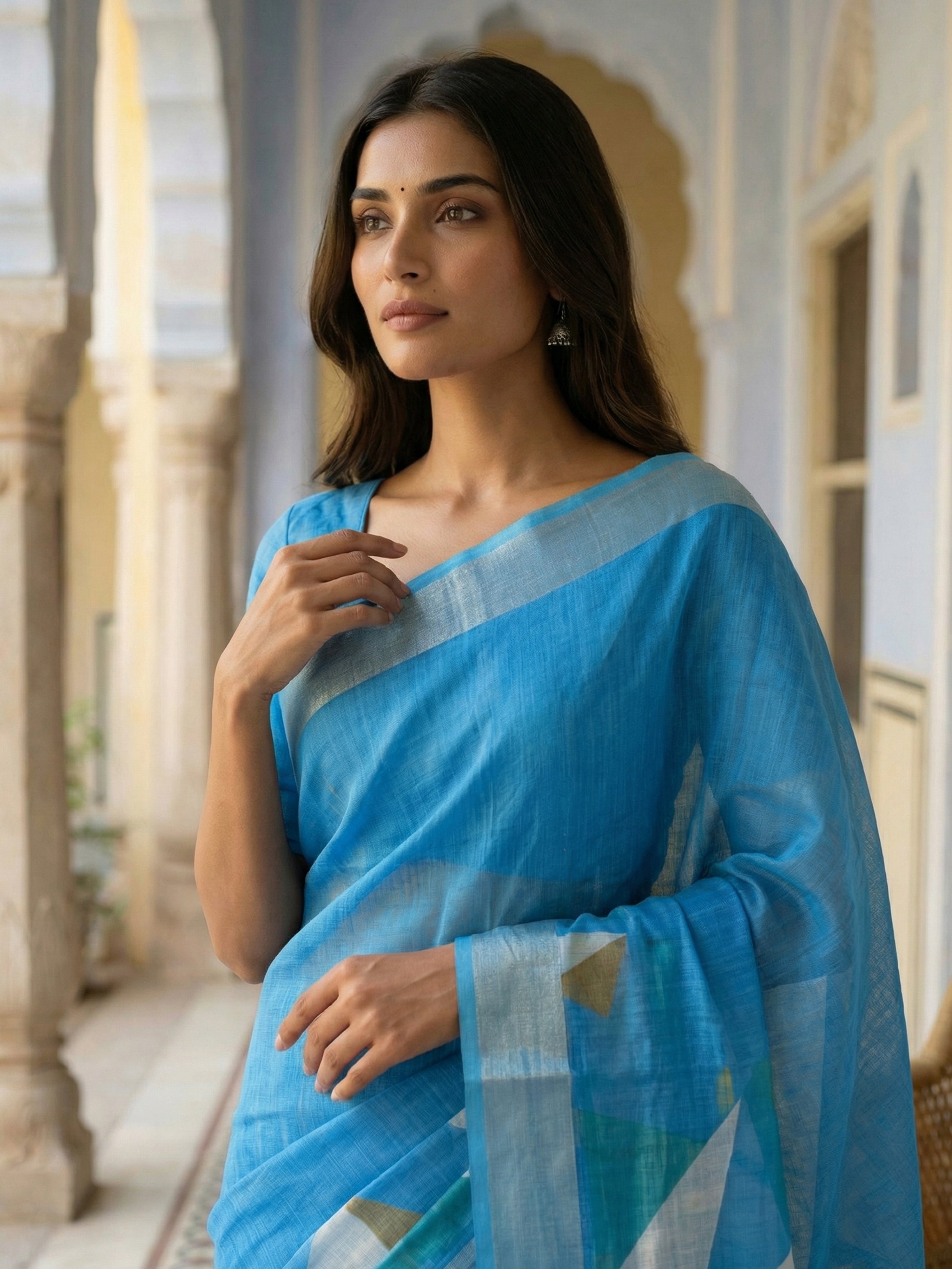 Light Blue Semi Linen Saree